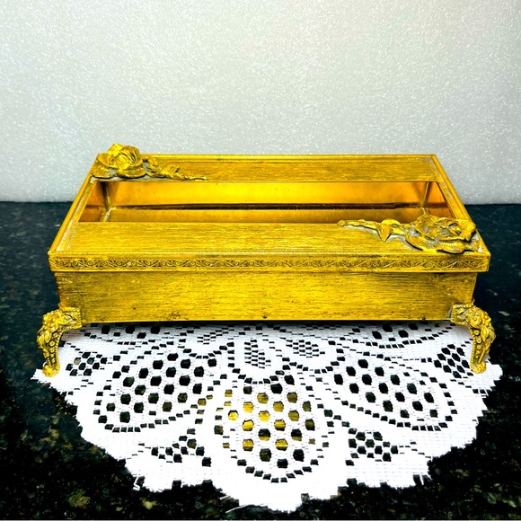 Accents | Vintage Gold Tone Metal Footed Filigree Tissue Box Cover ...